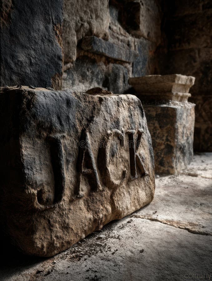 The Name JACK Carved into an Ancient Stone Wall with Dramatic Lighting ...