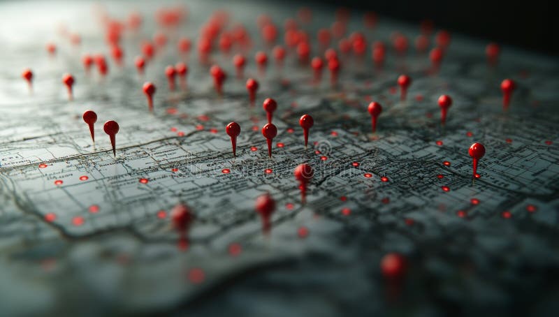 A Visual of a Three-dimensional Map with Red Location Markers and ...