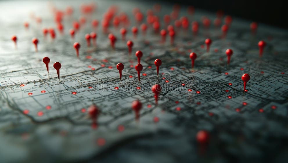 A Visual of a Three-dimensional Map with Red Location Markers and ...