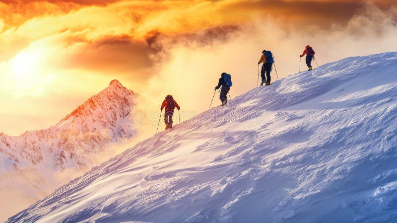 A Visual of Two Adventurers Hiking Up a Mountain Covered in Snow. Stock ...