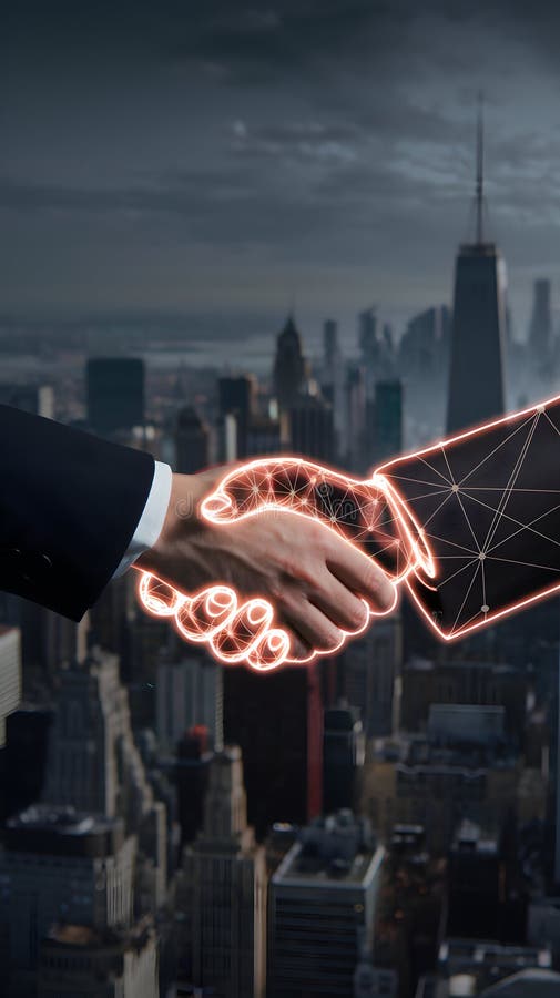 Handshake between a Realistic Hand and a Glowing Digital Network ...