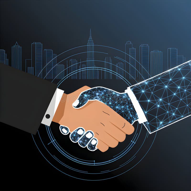 Handshake between a Realistic Hand and a Glowing Digital Network ...