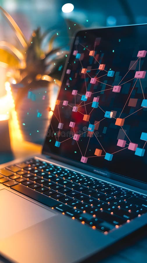 Laptop Keyboard Glows Warmly with a Digital Data Matrix Overlay Forming ...