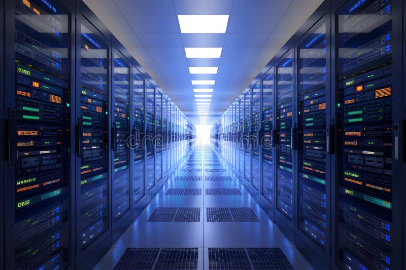 Modern Data Center with Tall Server Racks Illuminated by Blue Lights ...