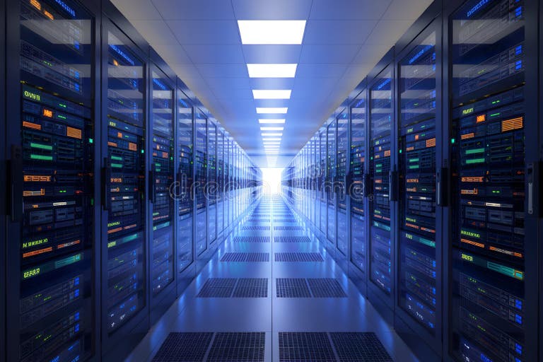 Modern Data Center with Tall Server Racks Illuminated by Blue Lights ...