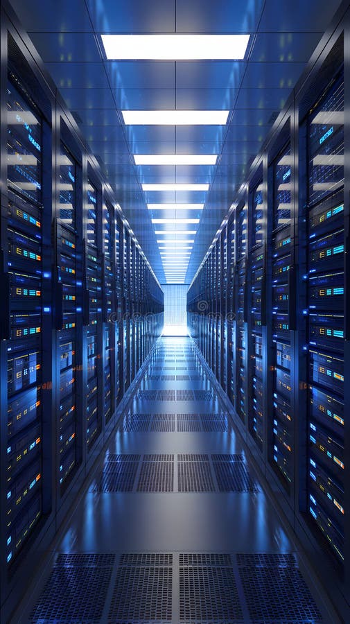 Modern Data Center with Tall Server Racks Illuminated by Blue Lights ...