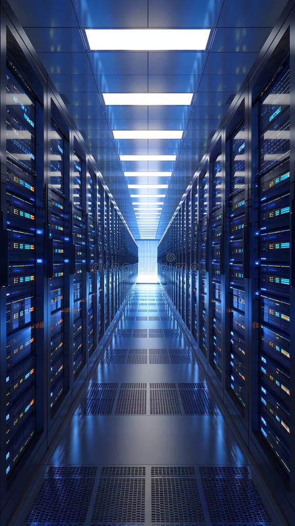 Modern Data Center with Tall Server Racks Illuminated by Blue Lights ...