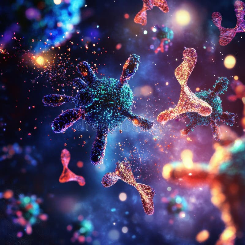 Visualization of Antibodies Attacking a Virus in a Colorful Scientific ...