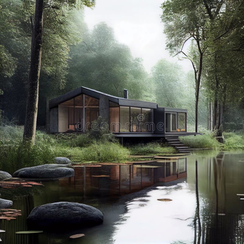 Visualization of the Architecture of a Country House by the River Stock ...