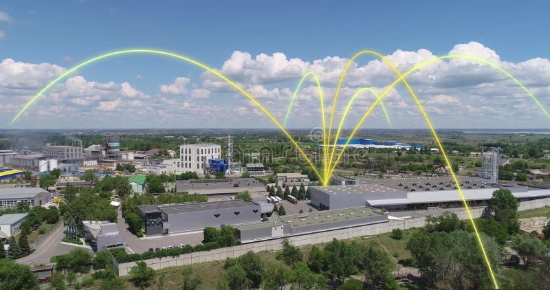 Concept of a Modern Factory, Drone View. Visualization of Communication ...