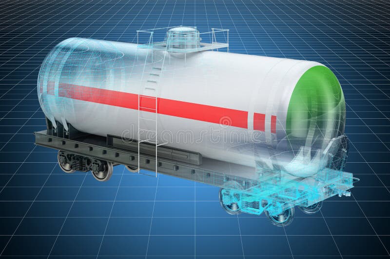 Visualization 3d Cad Model of Tank Car, Blueprint. 3D Rendering Stock ...