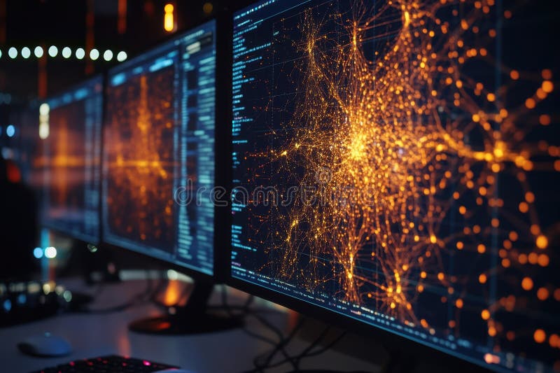 Visualization of Data Patterns on Multiple Computer Monitors in a Dark Environment Stock ...