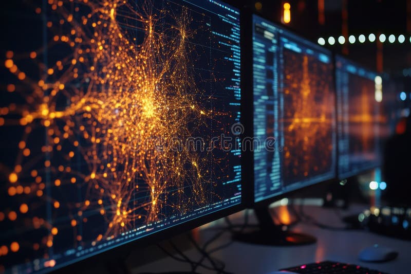 Visualization of Data Patterns on Multiple Computer Monitors in a Dark Environment Stock ...