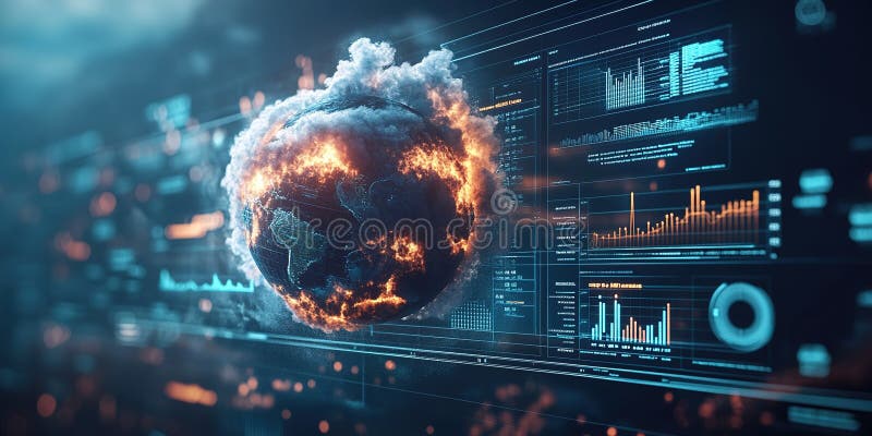 Visualization of a Digital Globe Surrounded by Data Graphs and Fiery ...