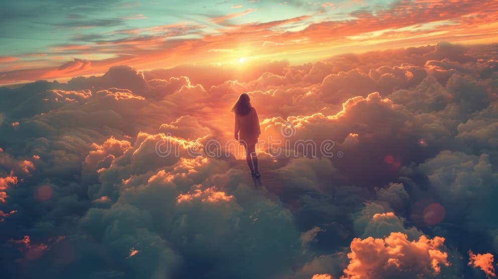 Visualization of a Dream, a Person Over the Clouds, Freedom and Sucess ...