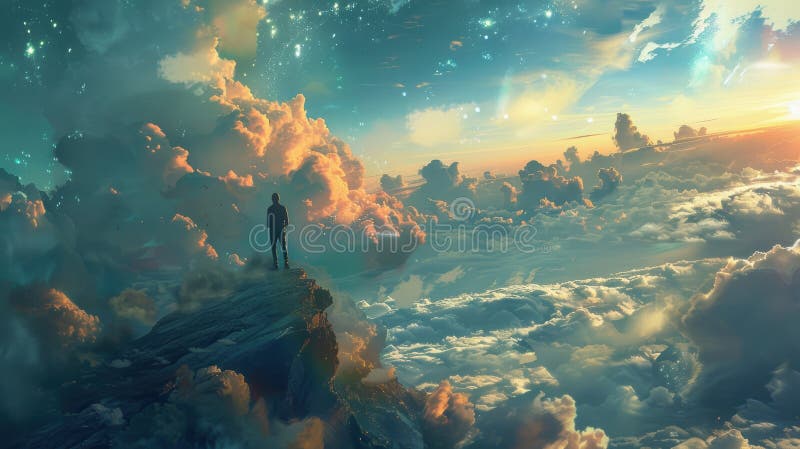 Visualization of a Dream, a Person Over the Clouds, Freedom and Sucess ...