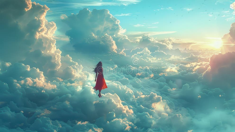 Visualization of a Dream, a Person Over the Clouds, Freedom and Sucess ...