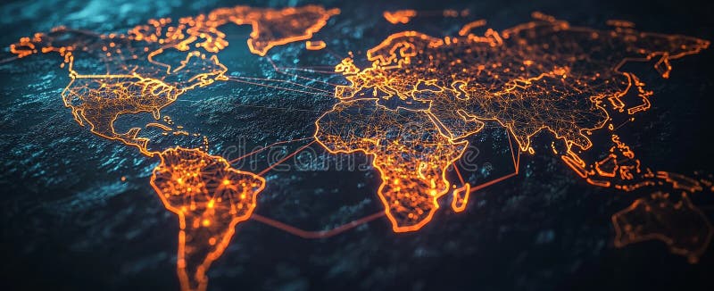 Visualization Of Global Network Connections Using Glowing Lines Linking Floating Data Nodes And
