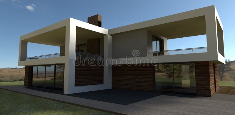 The Render of High-tech Style House Against the Blue Sky Stock ...