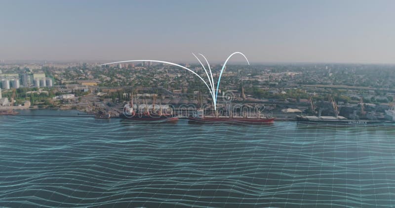 Visualization of Information Global Network. Seaport with Cargo Ships ...