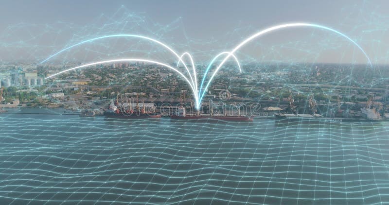 Visualization of Information Global Network. Seaport with Cargo Ships ...