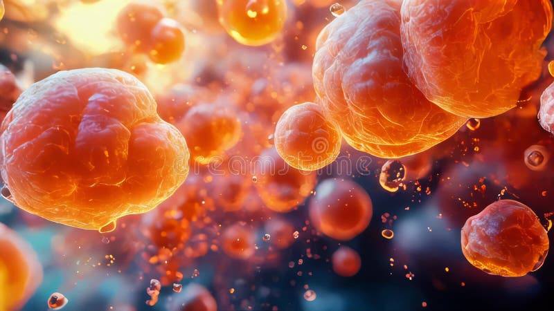 Visualization of Microscopic Fat Cells Floating in Fluid, Representing ...