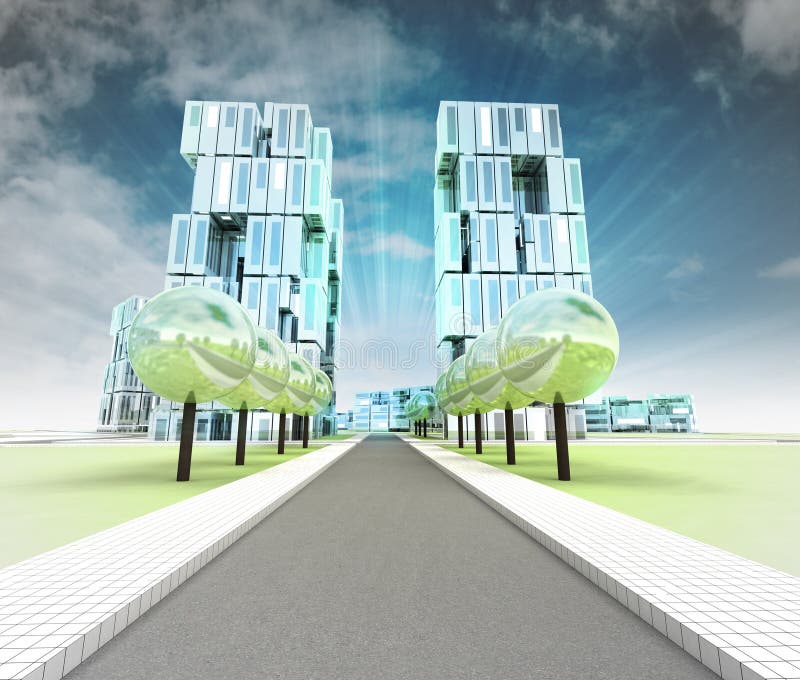 Visualization of New Road To the City of Future with Sky Stock ...