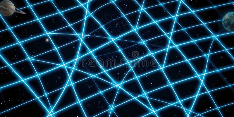 A Visualization of Spacetime with Planets and a Blue Grid Representing ...