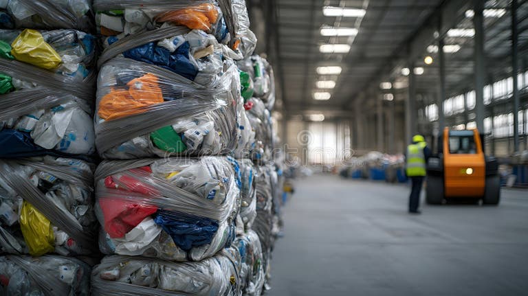Stacked Bundles of Compacted Plastic Waste Ready for Recycling in ...