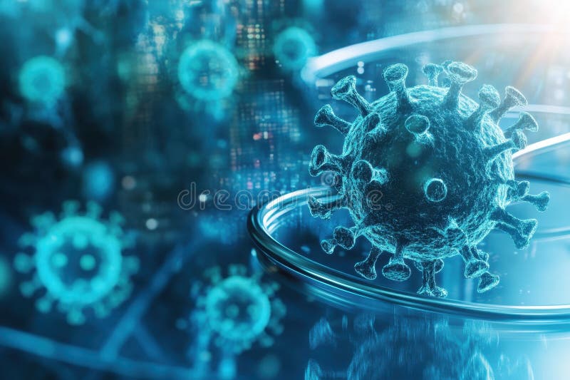 Visualization Of A Virus Under A Microscope With A Digital Background Representing Data Analysis