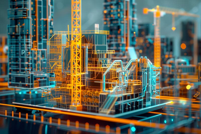 Visualization Wireframe Blueprint Glowing with Neon Outlines Represent ...