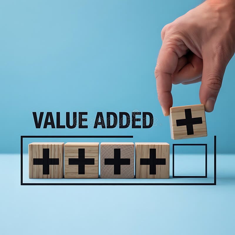 Adding Value Conceptualized by Hand Placing Plus Symbol Block on a Blue ...