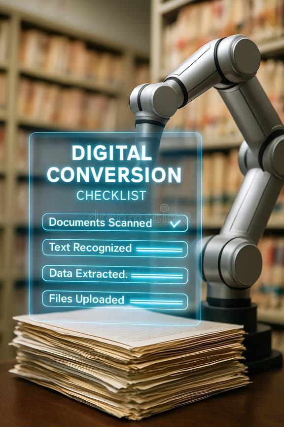 Digital Conversion Process Depicted with a Robotic Arm and Checklist ...