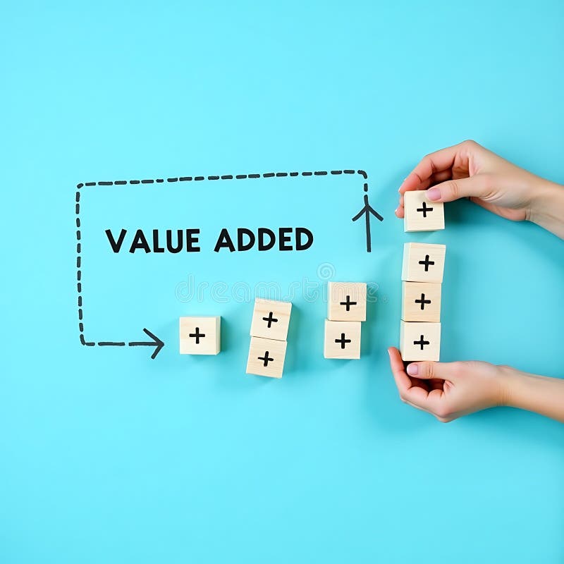 Demonstrating Value Added with Wooden Blocks on Blue Background ...