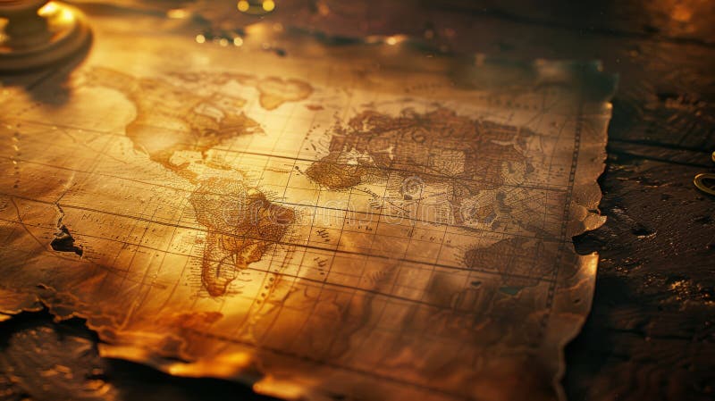 Vintage World Map Glowing Under Candlelight, Evoking History, Adventure ...