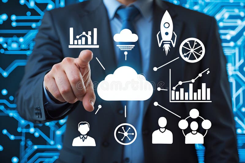 Cloud Computing and Business Analytics Solutions with Businessman Pointing Technology on ...