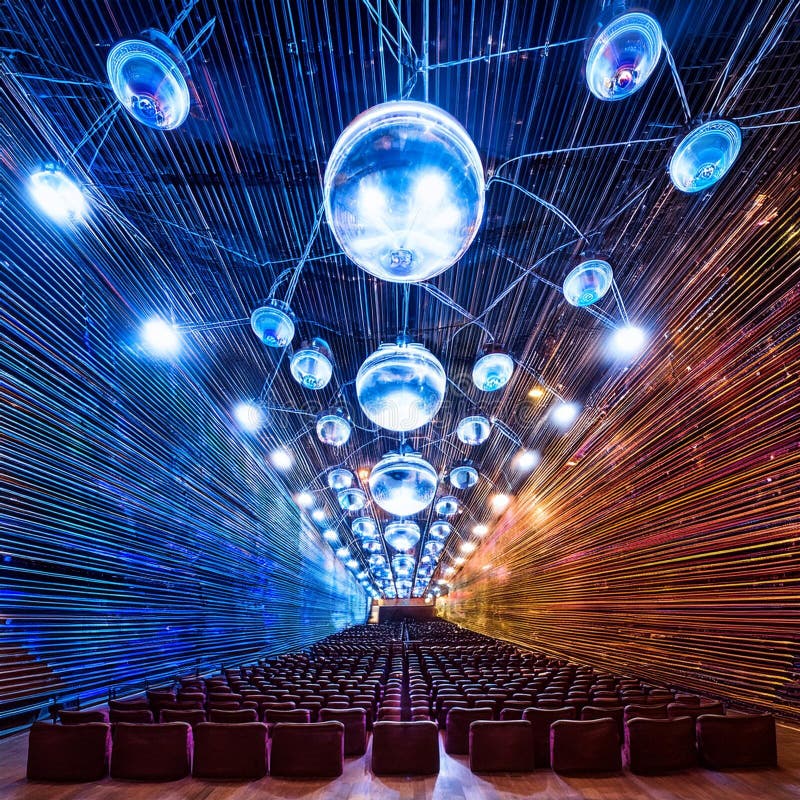 Visualize a Concert Hall Where Glass Balls Emit Vibrant Electric ...