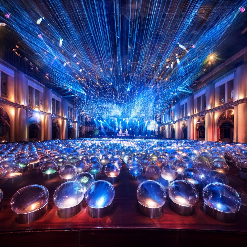 Visualize a Concert Hall Where Glass Balls Emit Vibrant Electric ...