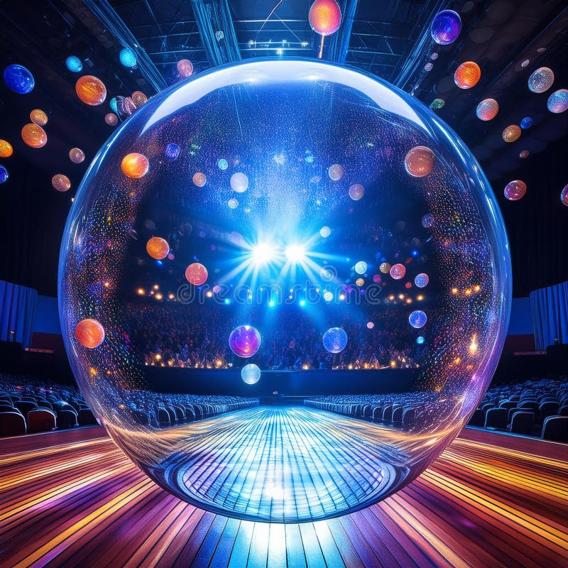 Visualize a Concert Hall Where Glass Balls Emit Vibrant Electric ...