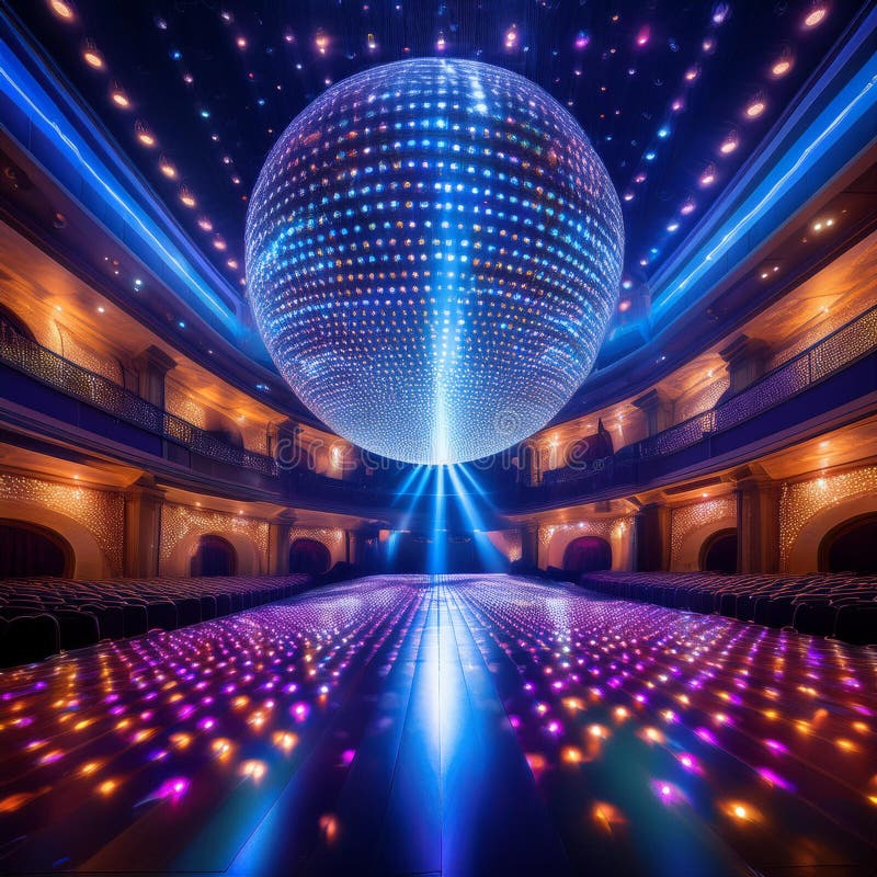 Visualize a Concert Hall Where Glass Balls Emit Vibrant Electric ...