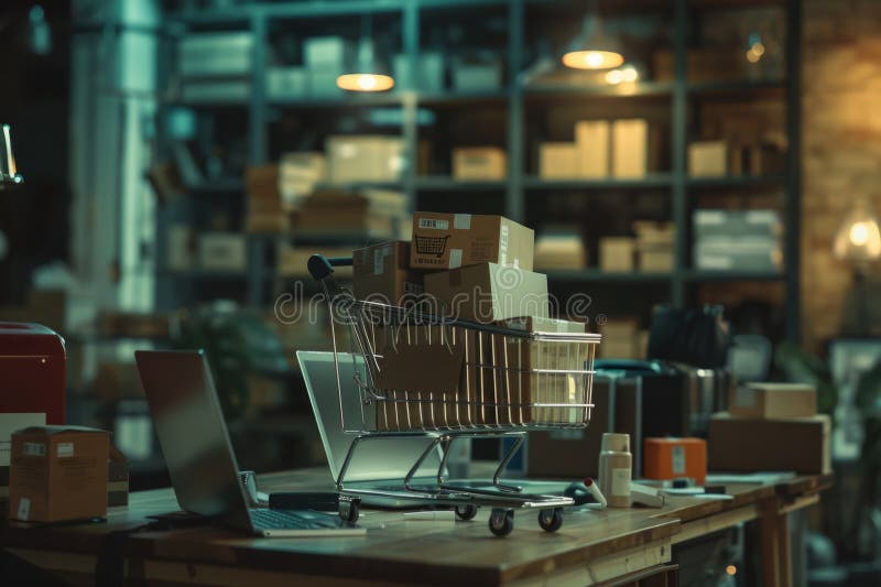 Visualize an Ecommerce Workspace with a Shopping Cart and Parcels in a ...