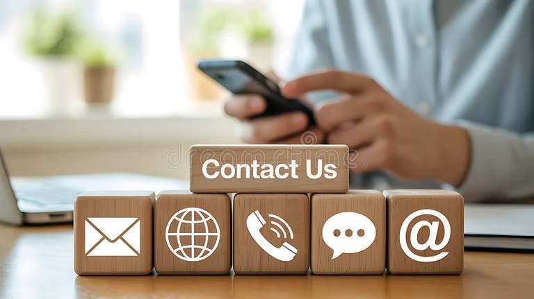 Wooden Blocks Featuring Contact Us Message with Icons for Communication ...