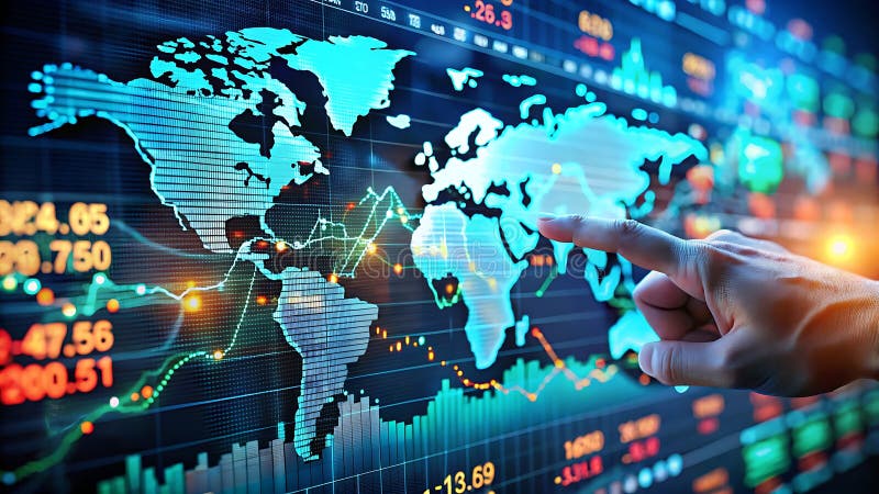 Global Business Data Analysis with Digital World Map and Hand Pointing ...