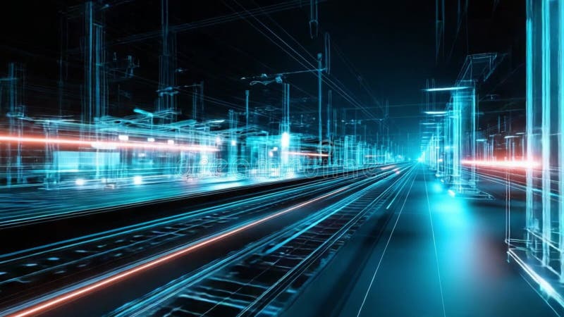 Futuristic Hologram Representation of a Train Station and Tracks in ...