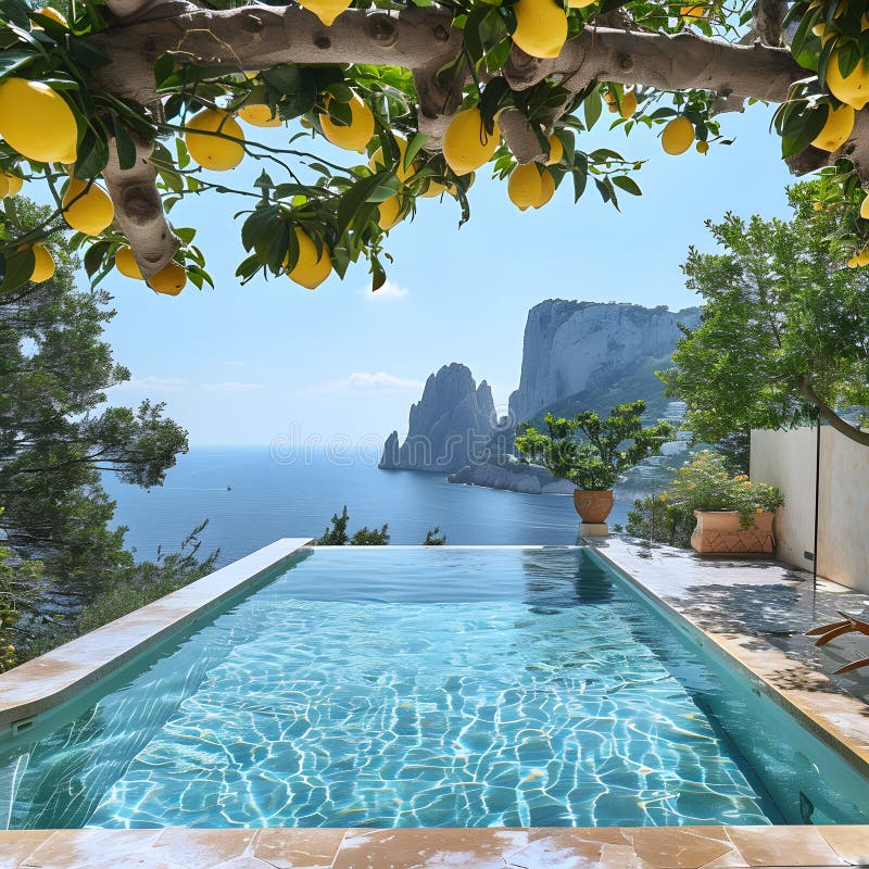 Scenic Infinity Pool Overlooking Ocean Cliffs and Lemon Trees Stock ...