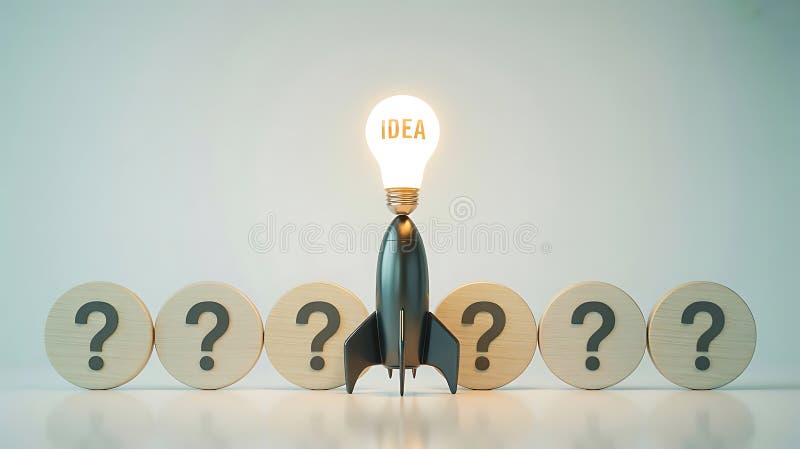 Creative Idea Generation Illustrated with a Rocket and Question Marks ...