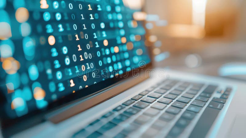 A Sleek Laptop Design Featuring a Double Exposure of Binary Code, Set ...