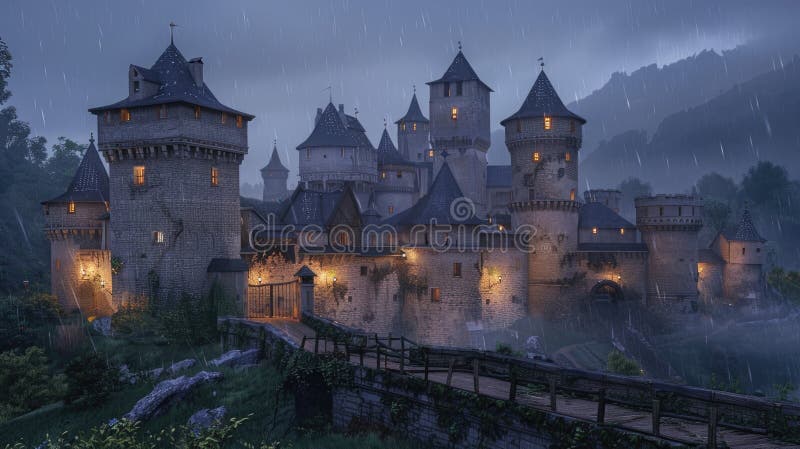 Visualize a Medieval Castle at Night, in the Rain, with a Mystical ...