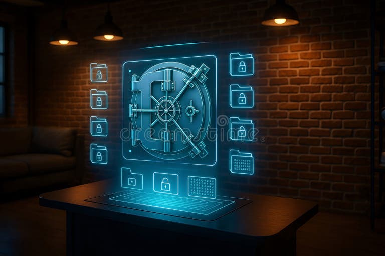 Futuristic Digital Vault Interface Representing Data Security and Cyber Protection with Glowing ...