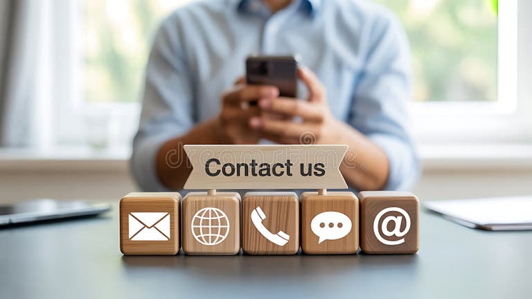 Contact Us Concept Featuring Wooden Blocks and Modern Communication Methods Stock Illustration ...